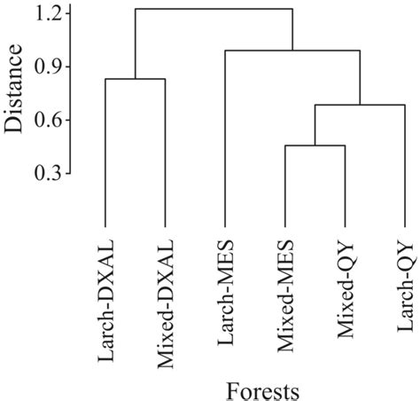 dendrogram of hierarchical cluster analysis of the six forests