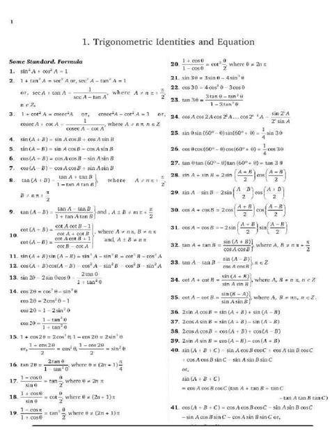Jee Main And Advanced Formulae Sheet Mathematics Theory Trigonometric Identities And Equations