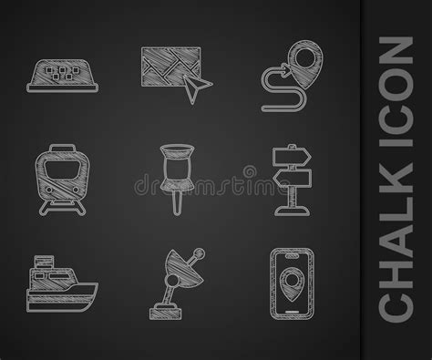 Set Push Pin Radar City Map Navigation Road Traffic Sign Ship Line Path Train Route