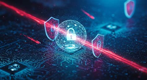 A Digital Illustration Depicting Cybersecurity Concepts A Glowing Lock Icon Is Stock