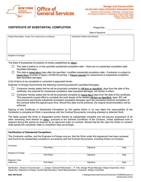 Certificate Of Substantial Completion In Word And Pdf Formats
