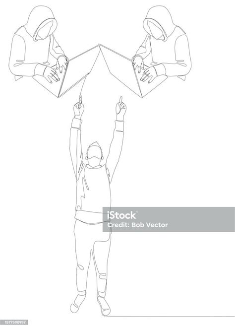 One Continuous Line Of Man Pointing With Finger At Hacker Men Using Laptop Thin Line