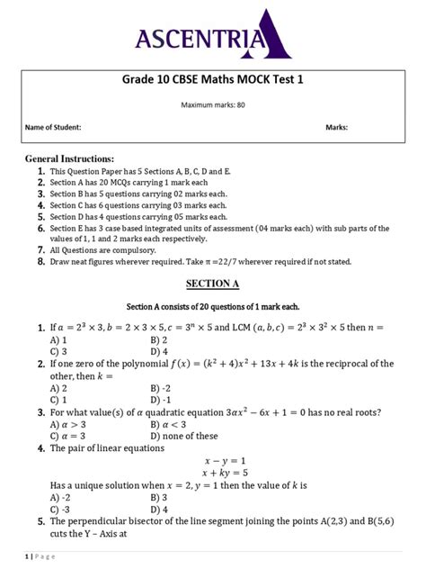 Grade 10 Maths Cbse Mock Test 1 Pdf Pdf Algorithms Mathematics