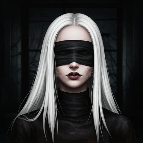 Pale Woman With Long White Hair Wears A Black Blindfold Partially Concealing Her Stock