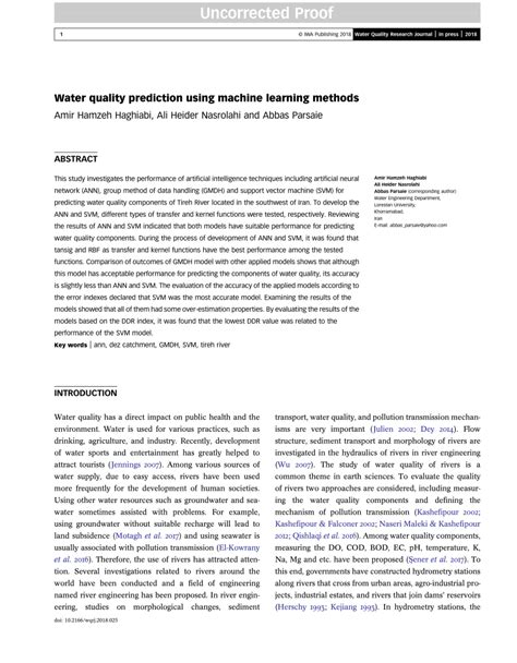 PDF Water Quality Prediction Using Machine Learning Methods