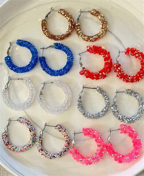 Glitter Rope Hoop Earrings Iridescent Blue Red Silver Gold Pink