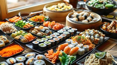 A Vibrant Asian Food Spread Including Sushi Dumplings Stock