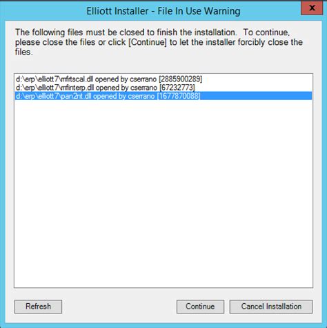 Elliott Installer File In Use Warning During Installation Elliott Support Center User