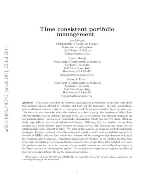 Pdf Time Consistent Portfolio Management Traian Pirvu