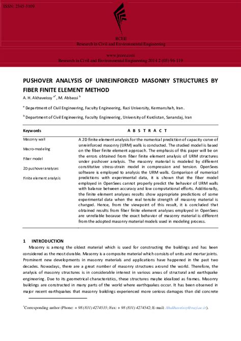Pdf Pushover Analysis Of Unreinforced Masonry Structures By Fiber Finite Element Method