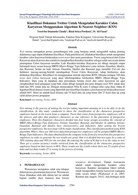 Pdf Klasifikasi Dokumen Twitter Untuk Mengetahui Karakter Calon Karyawan Menggunakan Algoritme