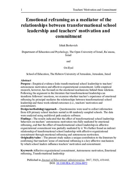 Pdf Emotional Reframing As A Mediator Of The Relationships Between Transformational School