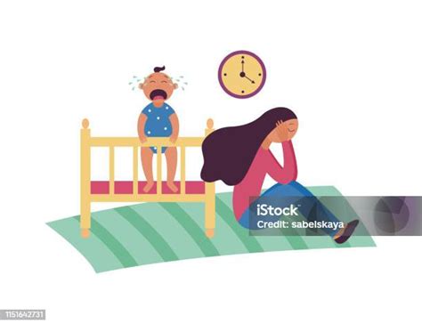 아기가 침대에서 울고 있는 동안 우울한 여자는 바닥에 앉아 평면 만화 스타일 산후 우울증에 대한 스톡 벡터 아트 및 기타 이미지