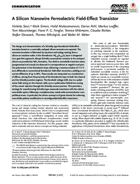 pdf a silicon nanowire ferroelectric field‐effect transistor