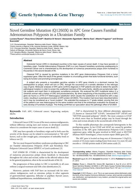 Pdf Novel Germline Mutation Q1260x In Apc Gene Causes Familial