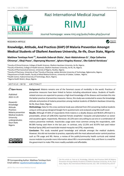 Pdf Knowledge Attitude And Practices Kap Of Malaria Prevention