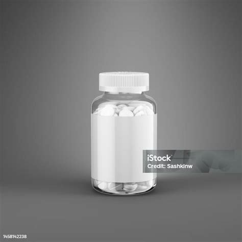 회색 배경에 둥근 알약이 있는 투명한 플라스틱 병 의료 화장품 모형 3d 렌더링 병에 대한 스톡 사진 및 기타 이미지 병 3차원 형태 알약 Istock