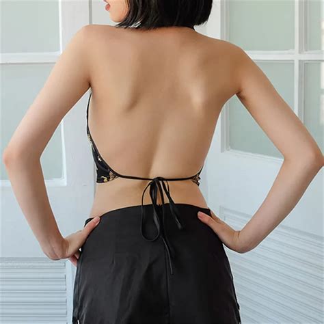 Женская сексуальная открытая спина китайский стиль майка черный Холтер печати Свободная