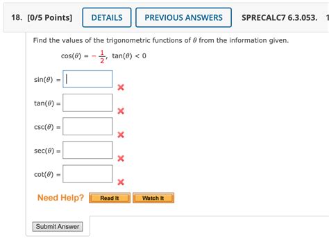 solved find the values of the trigonometric functions of θ