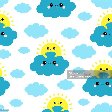 완벽 한 패턴입니다 하늘에 푸른 구름을 들고 태양 귀여운 만화 귀 엽 다 재미 웃는 아기 문자 집합입니다 포장지 직물 인쇄 서식