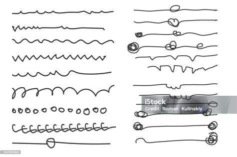 예술펜 브러쉬 세트 낙서 잉크 브러시 벡터 그런지 브러시 집합입니다 마커의 스트로크의 컬렉션입니다 물결 모양의 수평 선 세트 거리표식에 대한 스톡 벡터 아트 및 기타 이미지