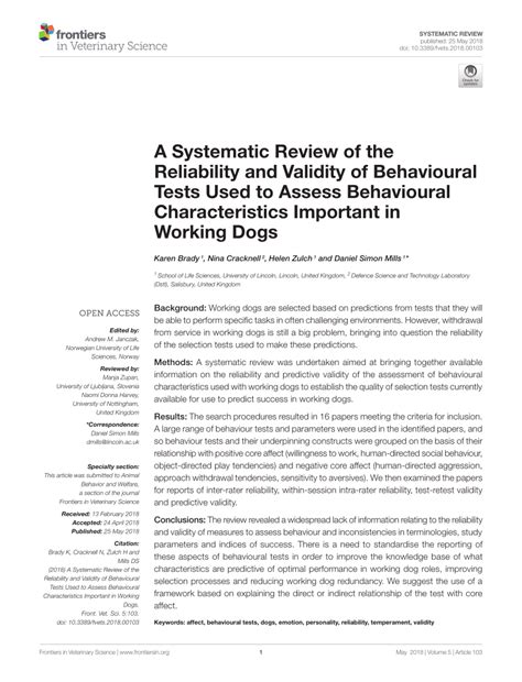 Pdf A Systematic Review Of The Reliability And Validity Of Behavioural Tests Used To Assess