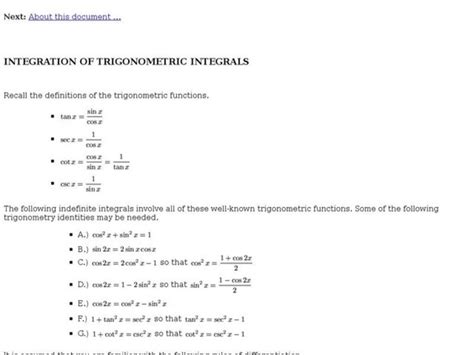 Integration Of Trigonometric Integrals Interactive For 9th 10th Grade