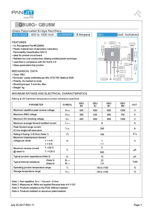 Gbu8kb0100a2（panjit强茂）gbu8kb0100a2中文资料价格pdf手册 立创电子商城