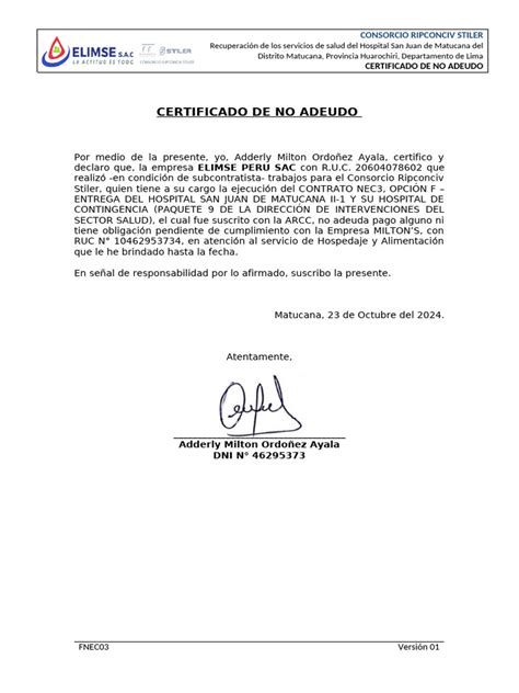 01 Declaración De No Adeudo Proveedores Locales Restaurante Y Hospedaje