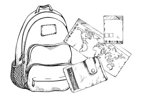 오래 된 가죽 빈티지 배낭 가방 지퍼가 달린 지갑 세계지도 티켓 쿠폰 허가증 벡터 잉크 손으로 그린 복고풍 그림입니다 디자인 관광 여행 브로셔 결혼식 가이드 인쇄 카드 문신