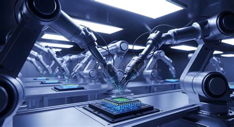 Robotic Arms Assembling Computer Chips On Assembly Line Advanced