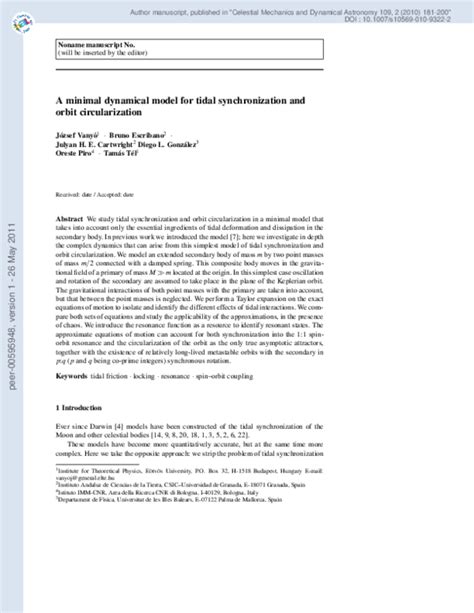 Pdf A Minimal Dynamical Model For Tidal Synchronization And Orbit Circularization