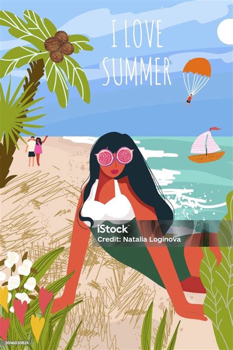 자연 해변 바다 여름 파티를 위한 전단지 순간을 즐기는 배경에서 소녀 여자의 이미지가 있는 세로 엽서 벡터 일러스트 레이 션 손으로 그린 그림입니다 개념에 대한 스톡 벡터