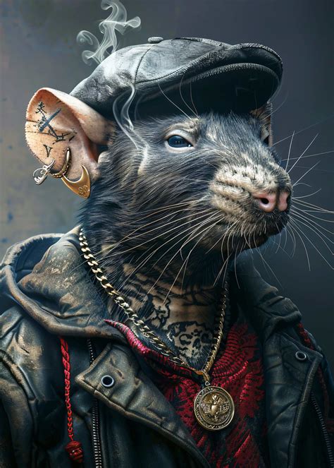 Tattooed Rat Wearing Cap And Jewelry Poster Picture Metal Print