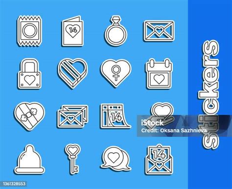 발렌타인 하트 하트 온 핸드 캘린더 다이아몬드 약혼 반지 캔디 모양의 상자 잠금 콘돔 패키지 및 여성 성별 아이콘이있는 세트 라인 봉투 벡터 개념에 대한 스톡 벡터 아트 및