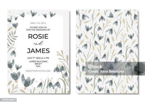 식물 결혼식 초대장 카드 템플릿 디자인 밝은 베이지 색 배경에 프레임이있는 푸른 야생화와 녹색 잎 파스텔 빈티지 테마 블루벨에
