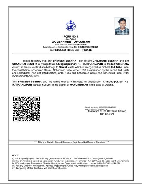 Odisha Scheduled Tribe Certificate Pdf
