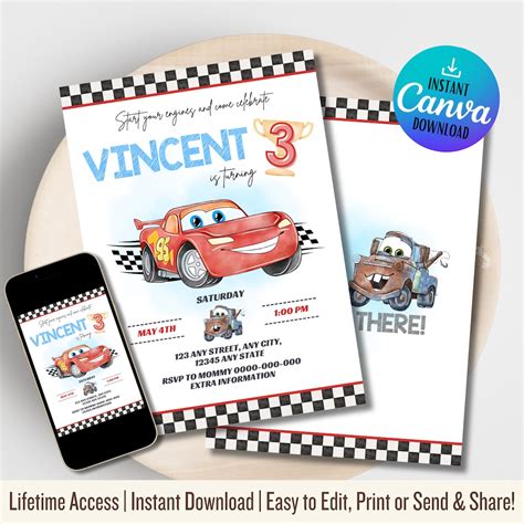 Lightning Mcqueen Birthday Invitation Cars Party Instant Download Etsy