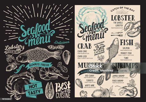 해산물 메뉴 칠판 배경에서 레스토랑에 대 한입니다 에 대 한 벡터 음식 전단지 바와 카페 빈티지 그린 삽화와 함께 서식 파일을 디자인 합니다 게에 대한 스톡 벡터 아트 및