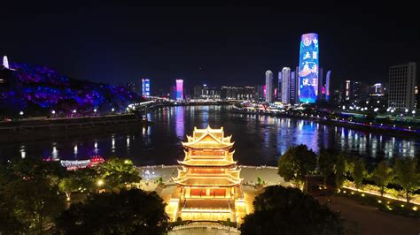四川宜宾合江楼夜景灯光航拍 视频特效素材 千库网