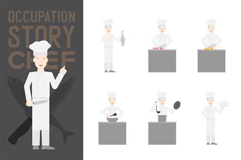 요리사 모자 프레 젠 테이 션 해산물 요리 생선 단계 단계 개념 남자 부엌 그림 복사 공간 벡터 Eps 10와 흰색 배경에 고립 된 디자인 개념에 대한 스톡 벡터 아트 및