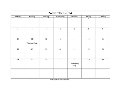 Printable November 2024 Calendar With Holidays Printable Learning Sheets