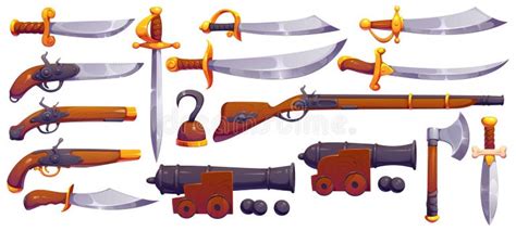 Cartoon Pirate Weapons Muskets Pistols Swords Stock Vector