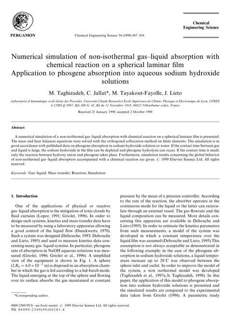 Pdf Numerical Simulation Of Non Isothermal Gas Liquid Absorption With Chemical Reaction On A