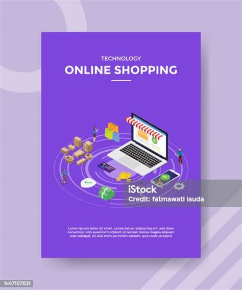 기술 온라인 쇼핑 사람들은 템플릿 전단지와 인쇄 배너 표지 책 책에 대 한 노트북 매장 주위에 서 현대 평면 스타일 3차원 형태에 대한 스톡 벡터 아트 및 기타 이미지