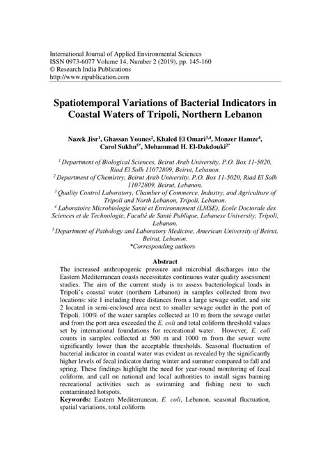 Pdf Spatiotemporal Variations Of Bacterial Indicators In Coastal Waters Of Tripoli Northern
