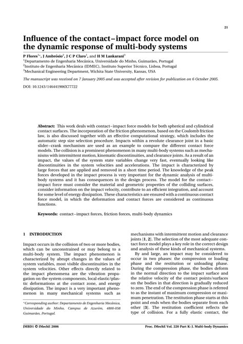 Pdf Influence Of The Contact Impact Force Model On The Dynamic Response Of Multi Body Systems
