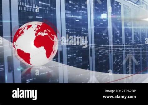 Animation Of Rotating Globe And Arrows Over Bars And Lens Flares Over