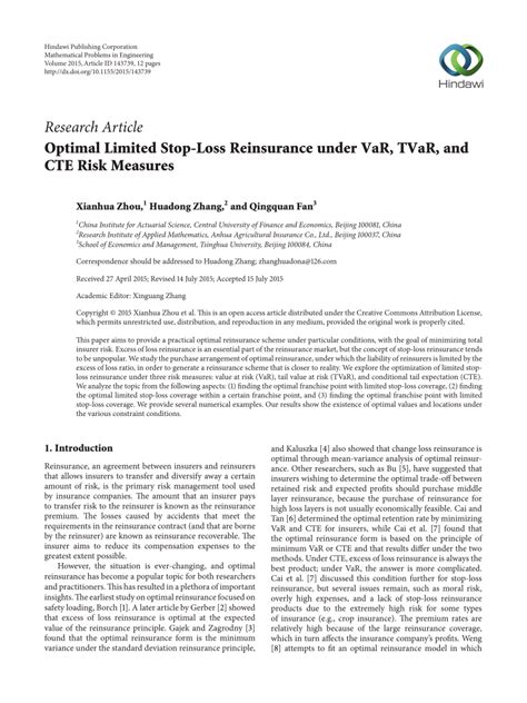 Pdf Optimal Limited Stop Loss Reinsurance Under Var Tvar And Cte Risk Measures