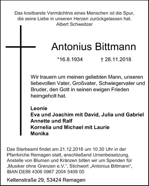 Traueranzeigen Von Antonius Bittmann Rz Trauerde